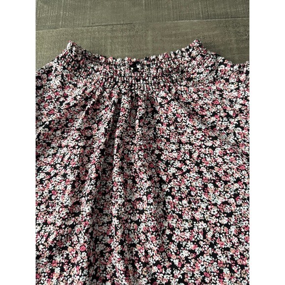 Loft Women's Pink Black Floral Print Halter Neck Fluffy short sleeves ...