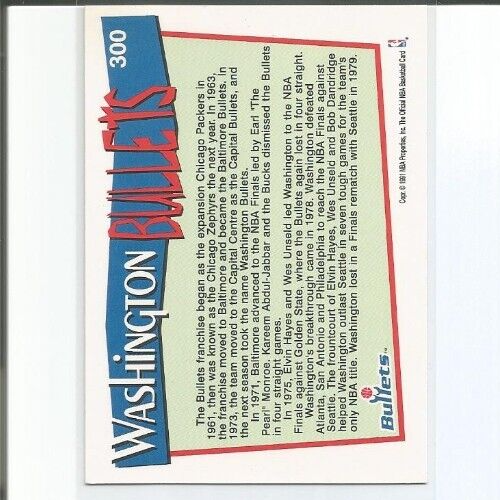 Bullets Team #300 NBA Hoops 1991 Basketball Card (Washington Bullets ...