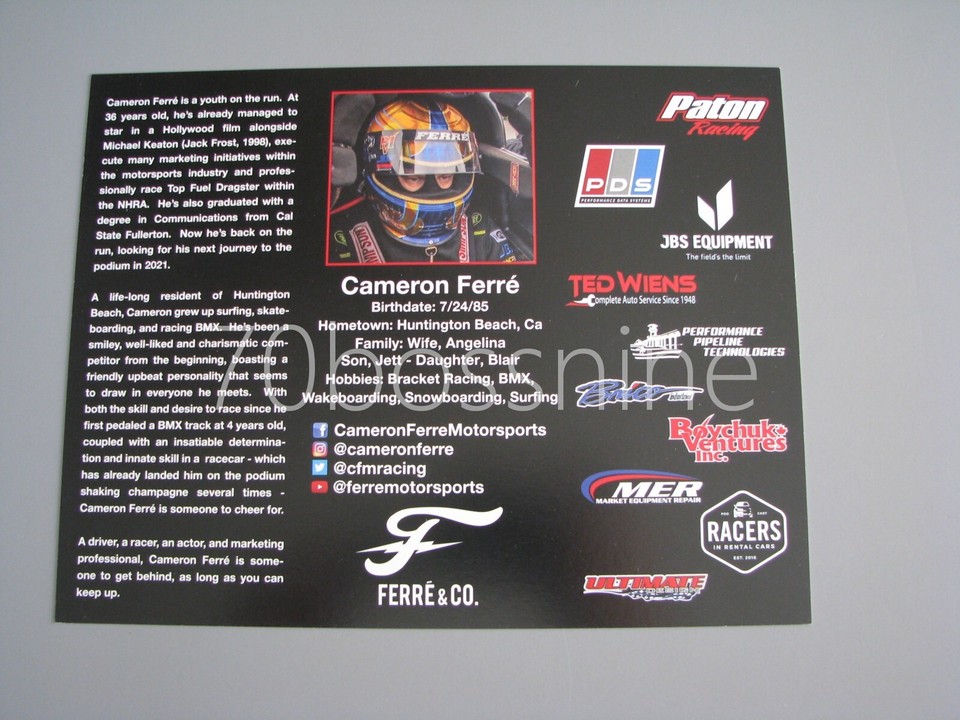 CAMERON FERRE 2021 PATON RACING TOP FUEL DRAGSTER 8X10 NHRA DRAG RACING ...