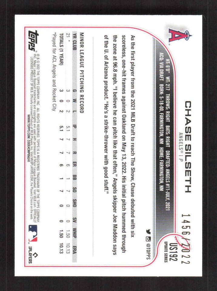 Chase Silseth 2022 Topps Update Gold Los Angeles Angels #/2022 #US192 ...