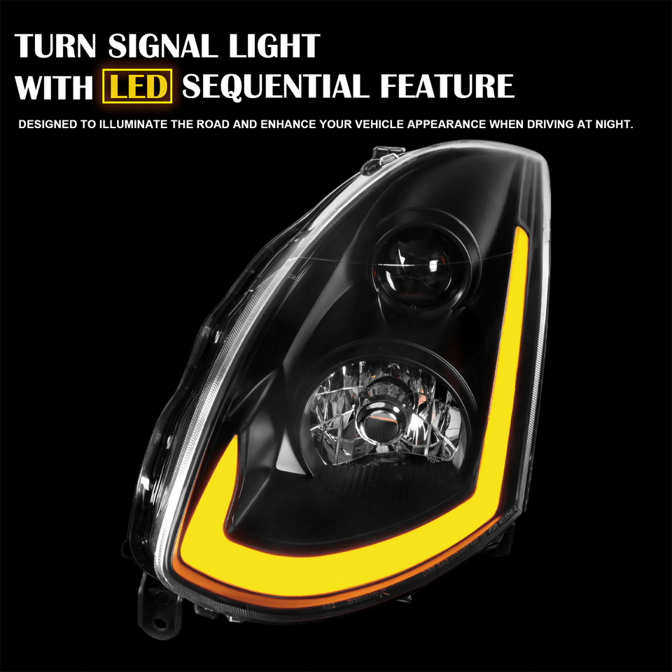 Fit 03-07 G35 Coupe Black Headlights W/LED DRL Sequential Signal+ Mesh ...