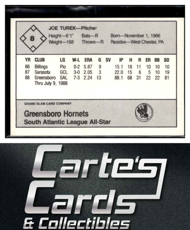 Joe Turek 1988 Grand Slam South Atlantic League #8 TTM/IP Signed ...