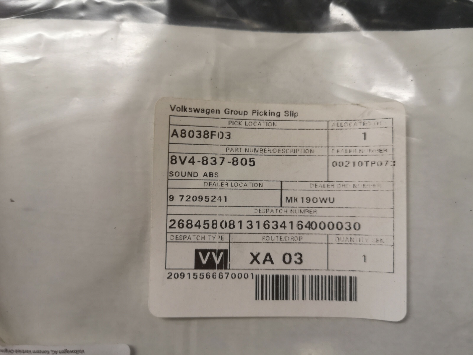 Genuine New VW Audi Stick On Sound Absorber section 8V4837805 | eBay UK