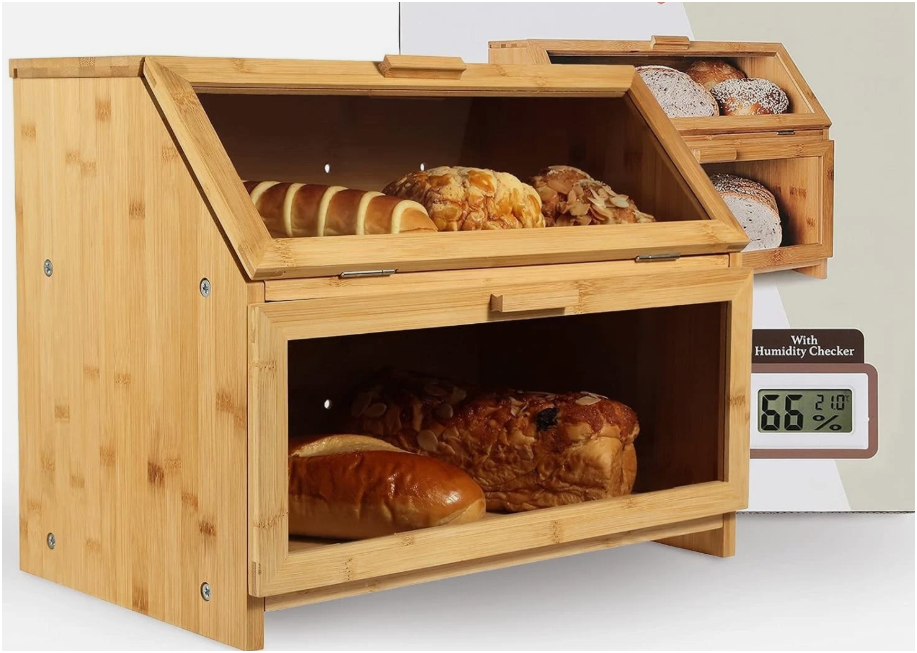 Goodscous Bamboo Bread Box With Humidity Checker 2 Layer Bread Storage ...