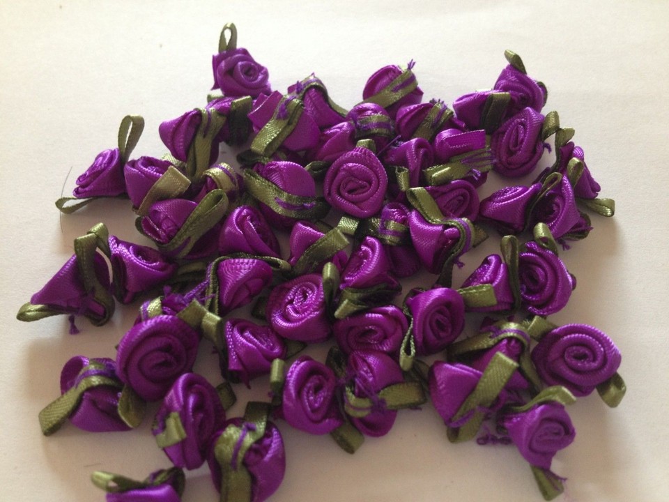 SMALL MINI SATIN RIBBON ROSE BUDS FLOWERS WITH SATIN GREEN LEAVES ...