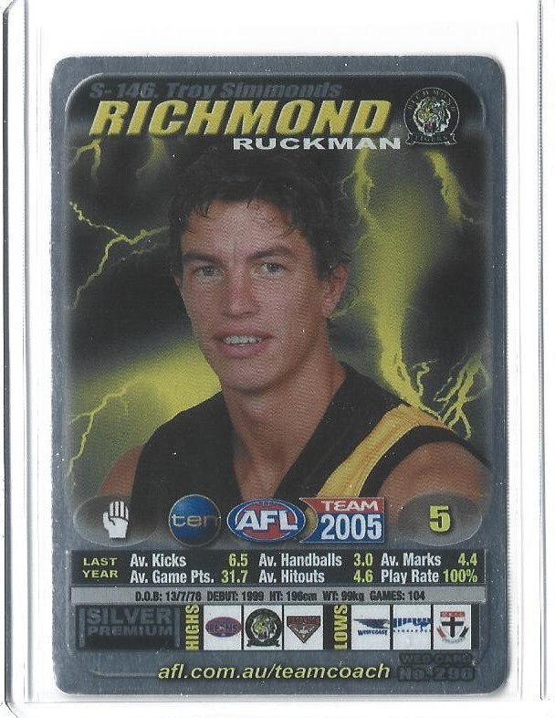 2005 AFL TEAMCOACH SILVER PREMIUM TROY SIMMONDS RICHMOND TIGERS S-146 ...