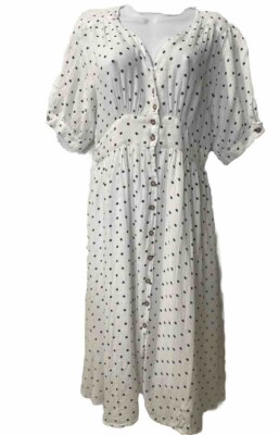 ELLISON White dress with black dots, pockets, 3/4 sleeves, lined. Size ...