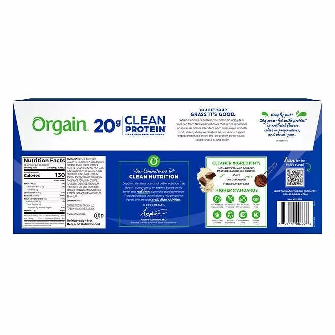 Orgain Clean Grass Fed Protein Shake, Creamy Chocolate Fudge, 11 fl oz ...