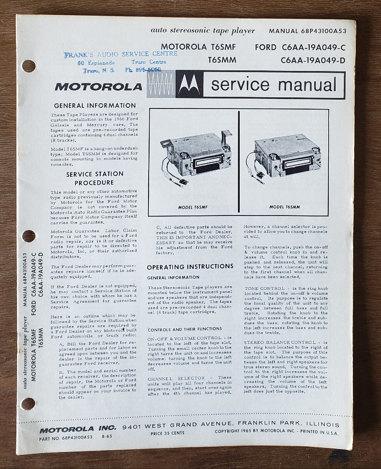 Motorola Radio Service Manual 1966 68P43100A53 Ford Galaxie Mercury ...