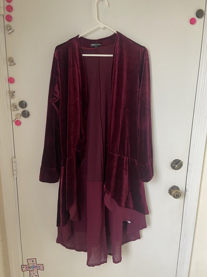Womens Large Red Velvet Cardigan Texture Cover Up Open Front Dusted ...
