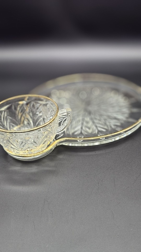 Set of 4 Jeannette Glass FEATHERS Clear with Gold Trim Snack Plate ...