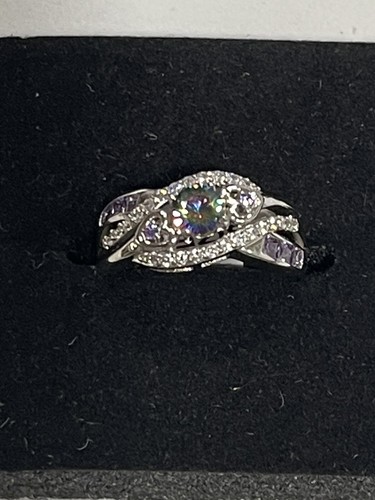 Sterling Silver Womens Ring Aura Glass Infinity Design Cubic Zirconium ...