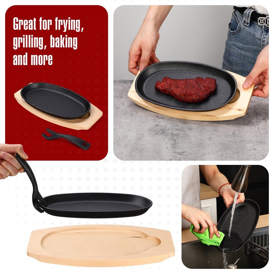6 Pieces Oval Cast Iron Fajita Skillet Pan Set Small Sizzling Steak ...