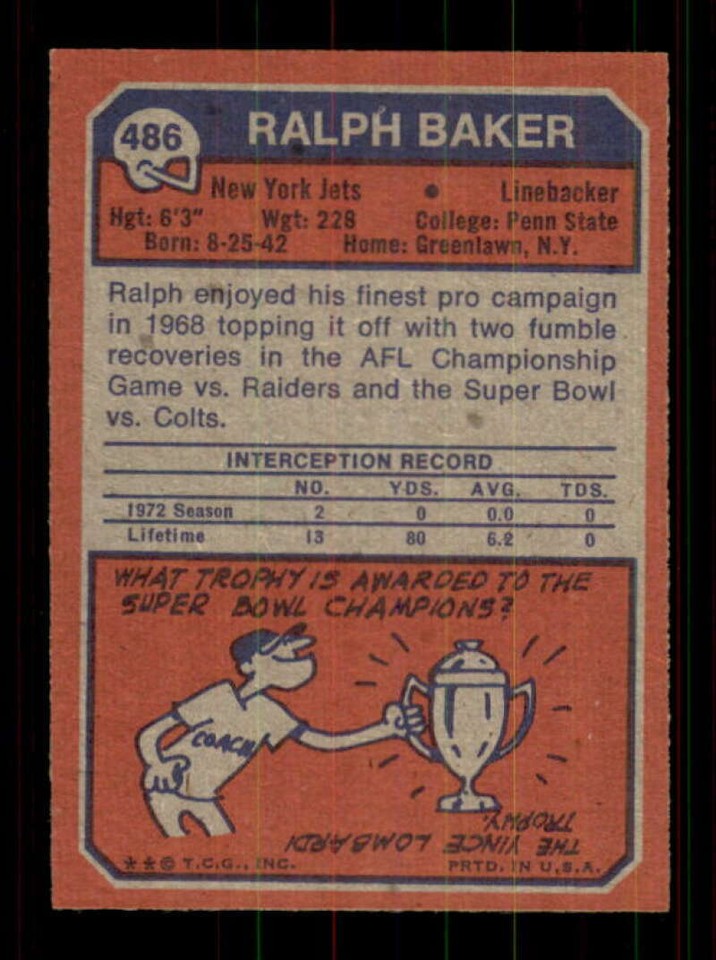 1973 Topps #486 Ralph Baker EXMT/NM NY Jets 239155 | eBay