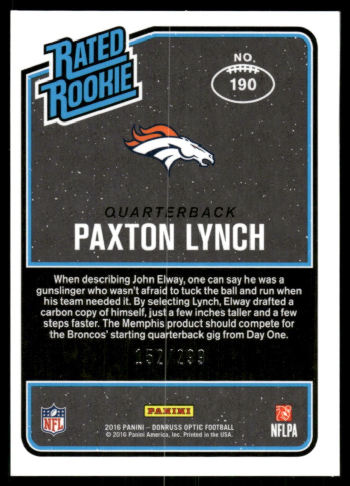 2016 Panini Donruss Optic #190 Paxton Lynch Rookie Card RC Aqua Holo | eBay