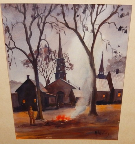 MILDRED WATERS CAMP FIRE NEAR A CHURCH ORIGINAL LANDSCAPE WATERCOLOR ...