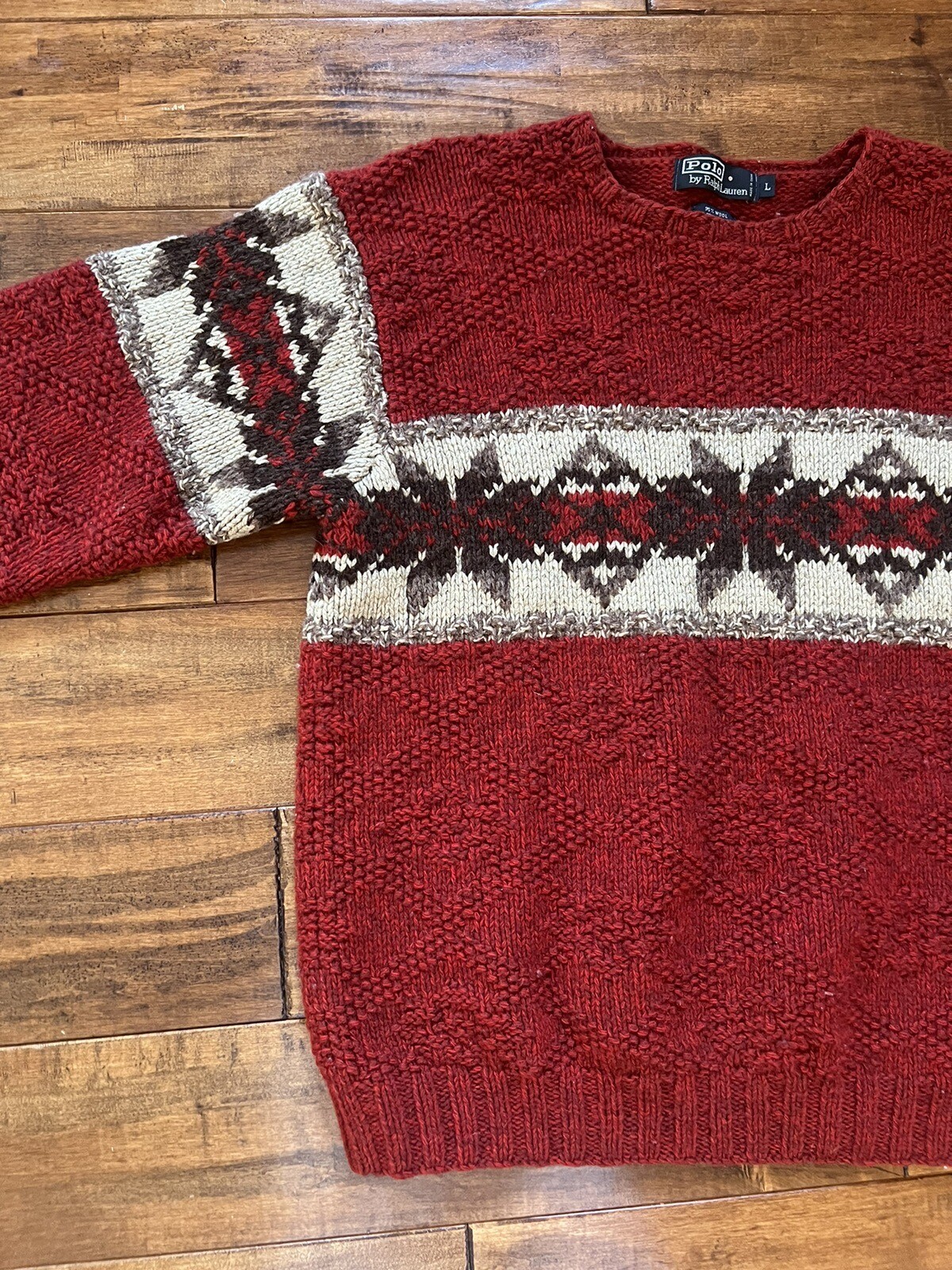 Vintage Polo Ralph Lauren Hand Knit Aztec Sweater 100… - Gem