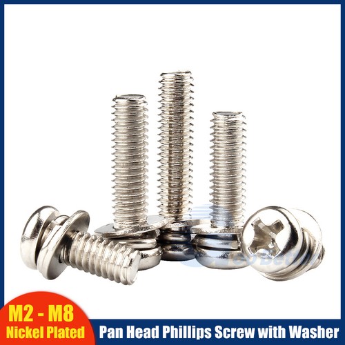 M2 - M8 Pan Head Phillips Screws with Flat and Split Lock Washer Nickel ...