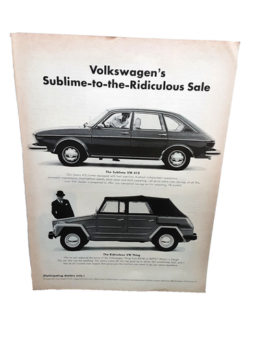 1974 1975 Volkswagen Print Ad VW 412 VW Thing Sublime Ridiculous Sale ...