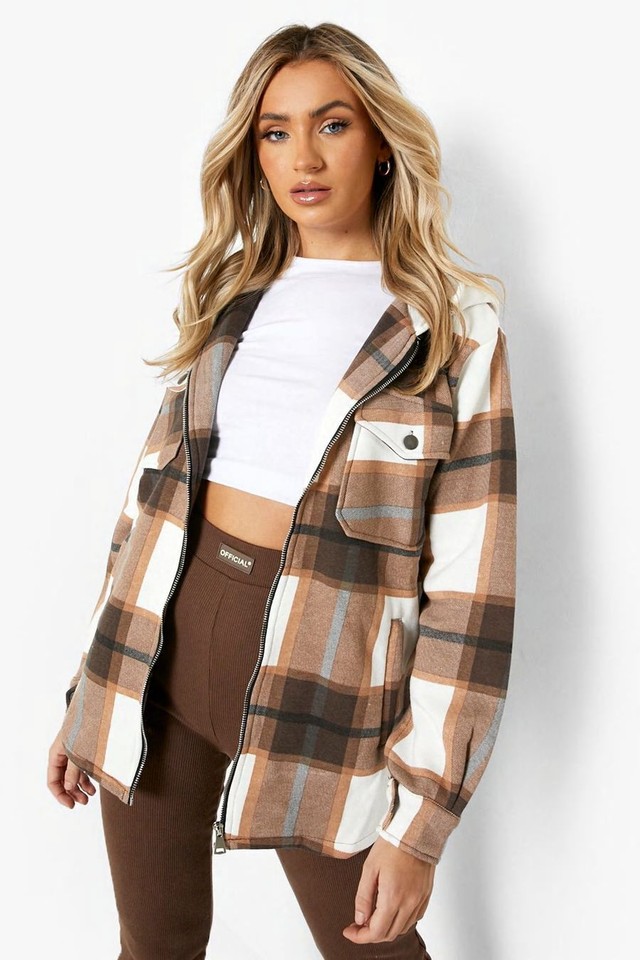 Ladies Check Oversized Hooded Fleece Jacket Shacket Casual Winter Size ...