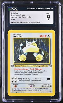 CGC 9 MINT Snorlax 1999 Jungle - 1st Edition 11/64 Holo Rare Pokemon ...