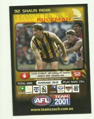2001 AFL TEAMCOACH HAWTHORN SHAUN RHEN # 92 CARD | eBay Australia