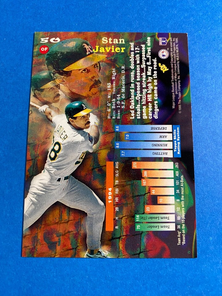 STAN JAVIER 1995 TOPPS STADIUM CLUB #50 AUTO SIGNED OAKLAND A'S YANKEES ...