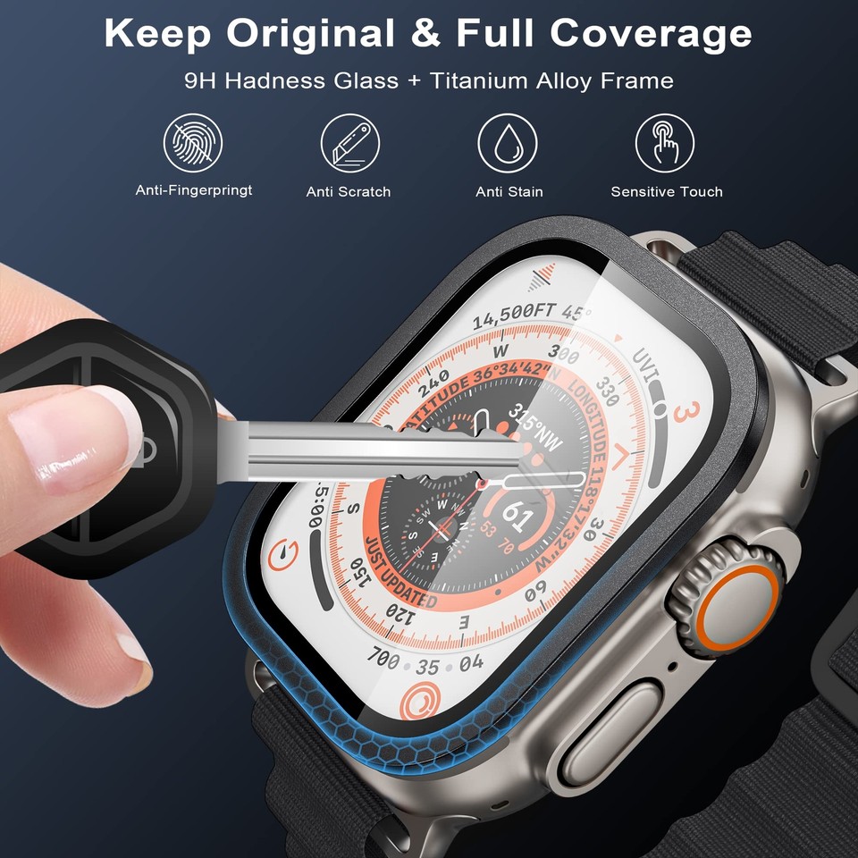 2 Pack Tempered Glass Screen Protector w/ Metal Frame For Apple Watch ...