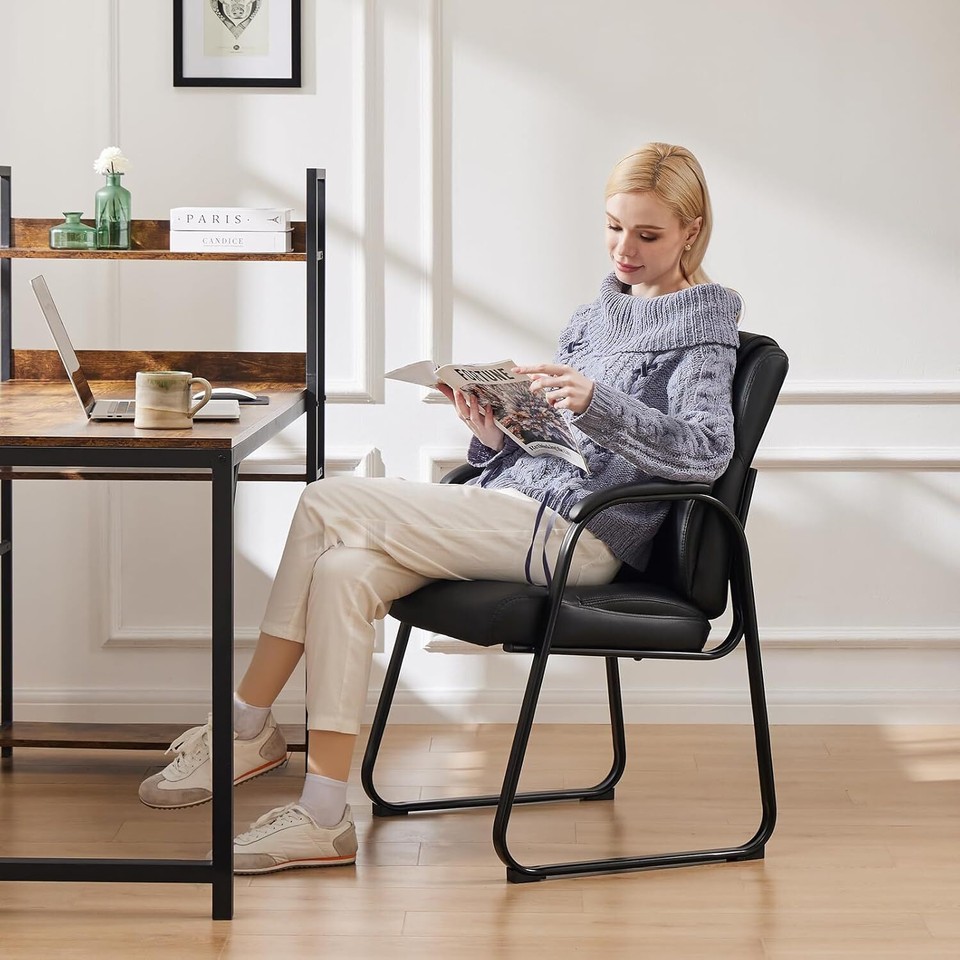 Office Guest Chair PU Leather Comfy Padded Arms Stationary Waiting Room ...