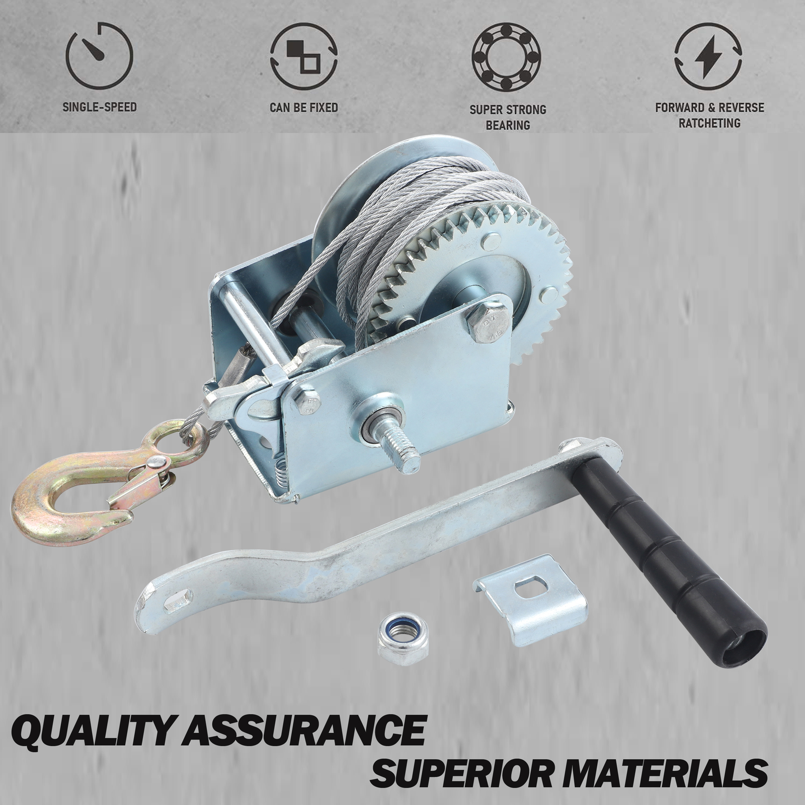 800LBS 1 Speed Steel Cable Hand Winch 10M Manual Car Boat Trailer ...