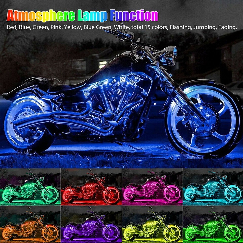 16PCS Motorcycle RGB LED Strip Light Under Glow Neon Kit Bluetooth APP ...