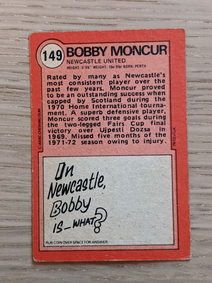 A&BC-FOOTBALL 1972 Orange Back - BOBBY MONCUR- Newcastle No 149 | eBay