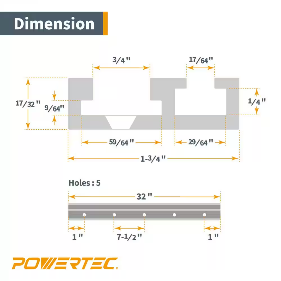 POWERTEC 32" Aluminum Combo T-Track Miter Track Dual Track Rail (71359 ...