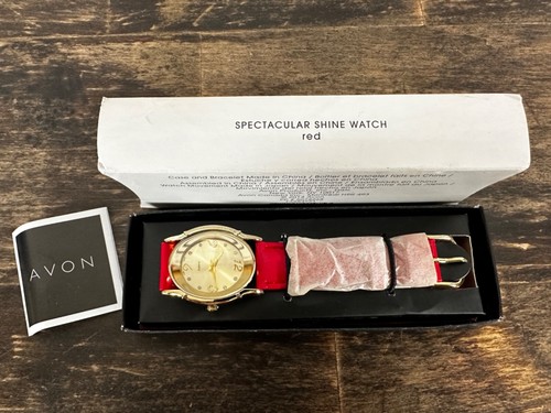 Avon Spectacular Shine Gold Tone Red Band Ladies Watch New in Box ...