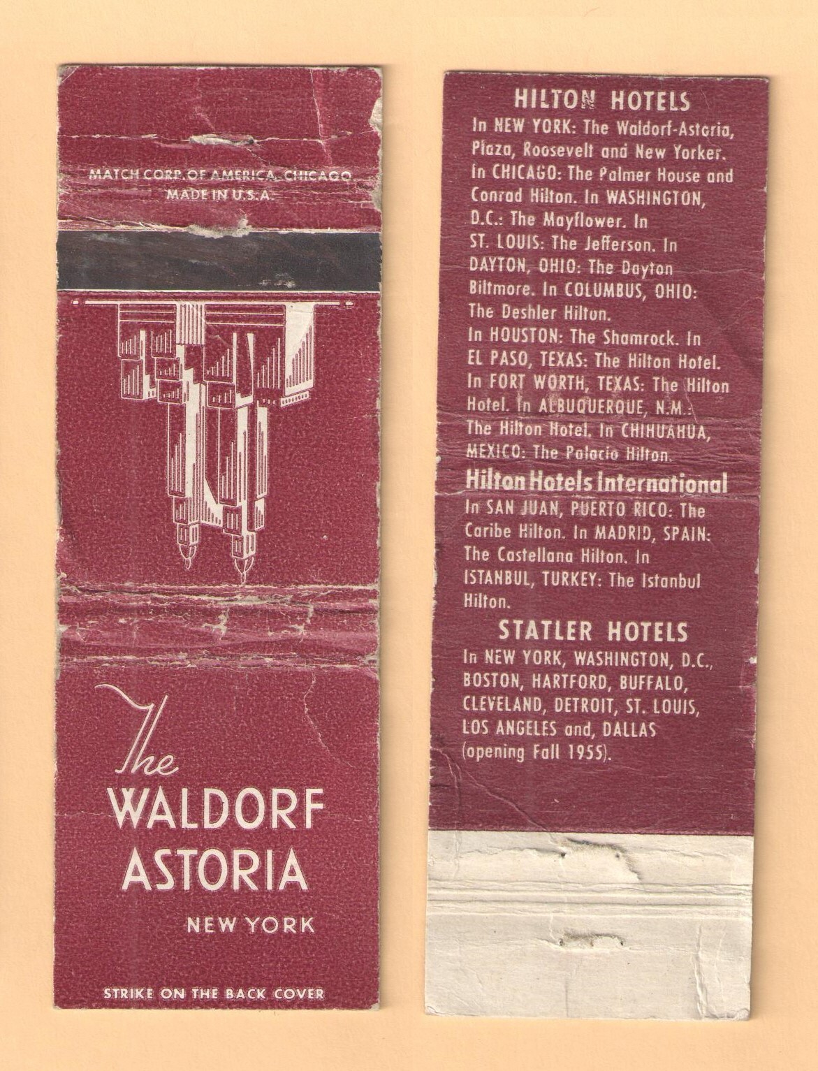 THE WALDORF ASTORIA { MAROON } NEW YORK { 2-SIDED } MATCHBOOK COVER | eBay