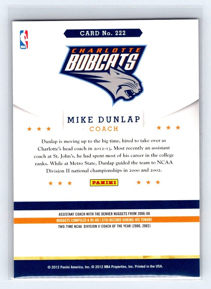 Mike Dunlap 2012-13 Panini Hoops Basketball #222 Charlotte Bobcats | eBay
