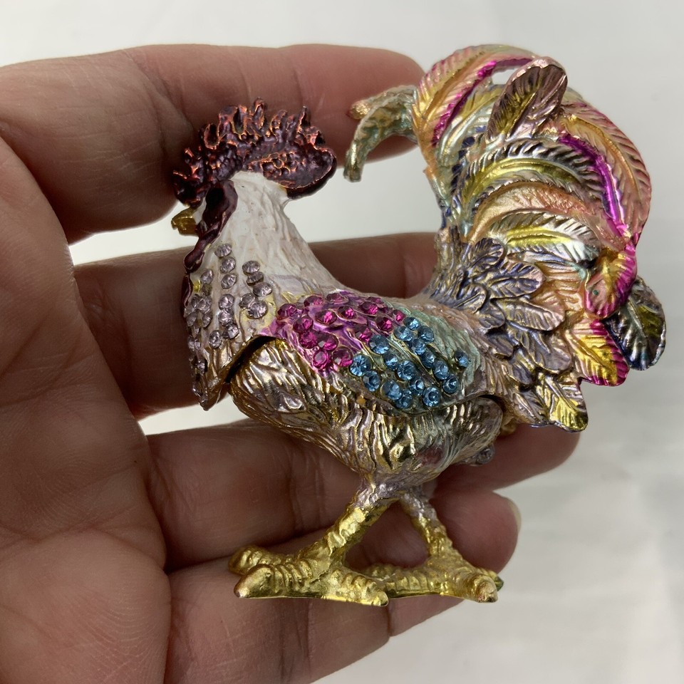 Rooster Trinket Jewelry Box Multi Colored Crystals Metal Mini Figurine ...