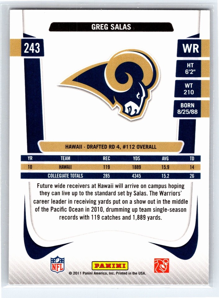 2011 Panini Prestige Football Greg Salas St. Louis Rams Rookie RC #243 ...