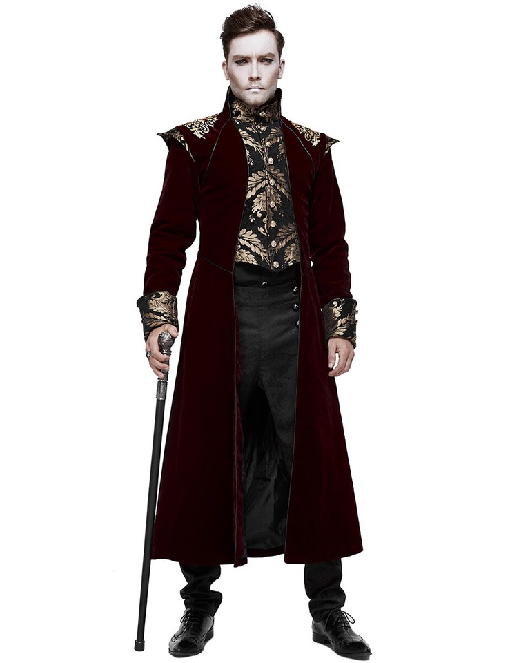 Devil Fashion Mens Long Gothic Coat Jacket Red Velvet Black Gold Damask ...
