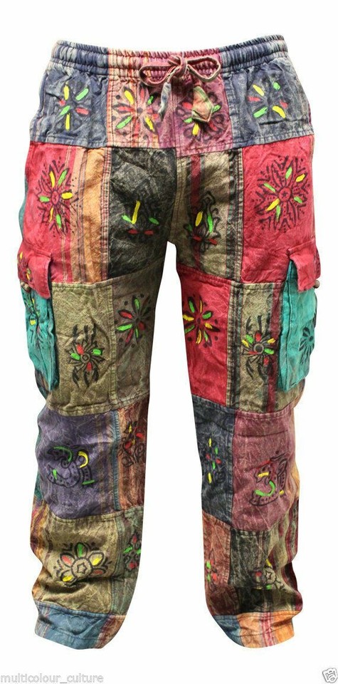 Men's Patchwork Cargo Trouser Wide Leg Hippie Festival Casual Combat ...