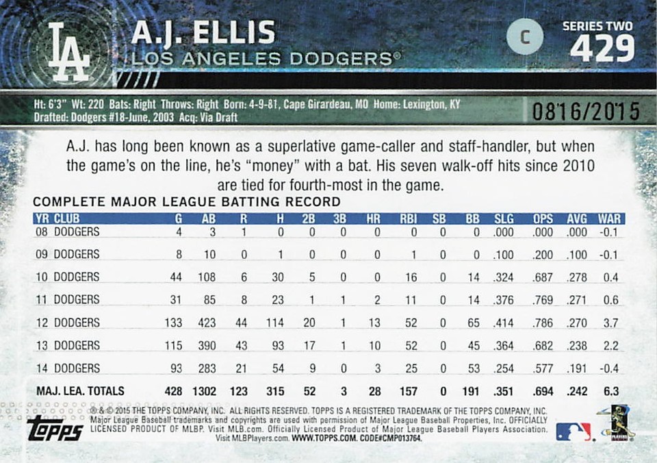2015 Topps #429 A.J. Ellis Gold #/2015 | eBay