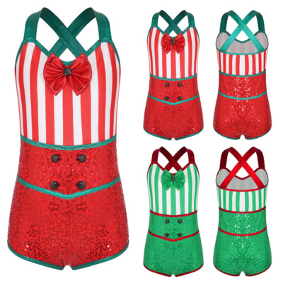UK Kids Girls Candy Cane Christmas Costume Jumpsuit Sequin Dance ...