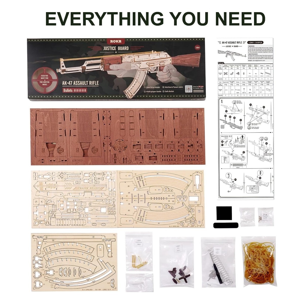 ROKR 3D Wooden Puzzle Submachine Model Rubber Band Gun for Teens Adult ...