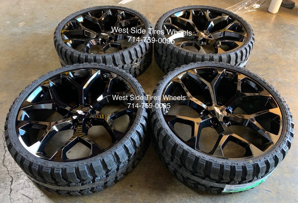 26” GMC SIERRA YUKON SNOWFLAKE BLACK WHEELS TAHOE SILVERADO 33” MT Mud ...