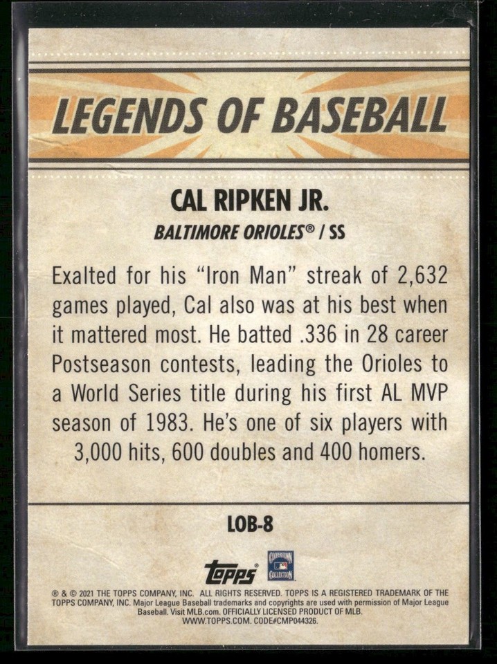 2021 Topps Opening Day #LOB-8 Cal Ripken Jr. Legends Baltimore Orioles ...