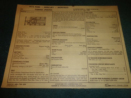 1973 FORD & MERCURY POLICE INTERCEPTOR 460 V-8 ENGINE SUN TUNE-UP CHART ...