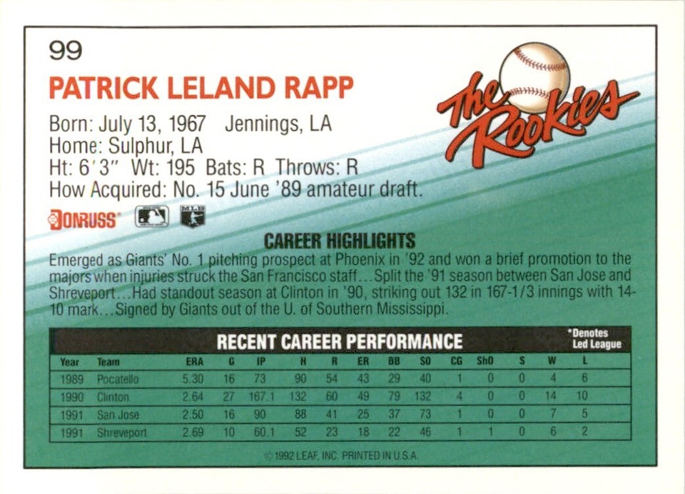 1992 Donruss The Rookies Pat Rapp RC San Francisco Giants #99 Baseball ...
