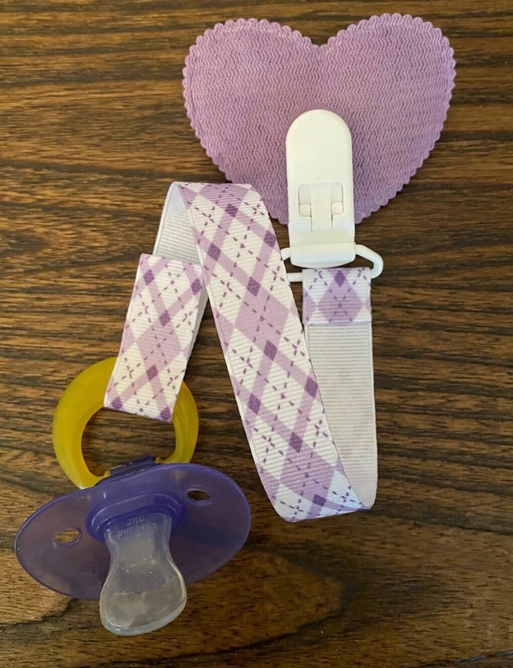 Purple Heart Ribbon Pacifier holder clip strap, binky, paci leash ...