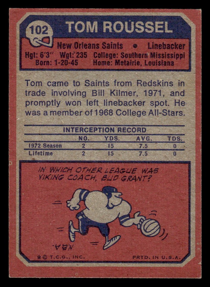 1973 Topps #102 Tom Roussel EXMT | eBay
