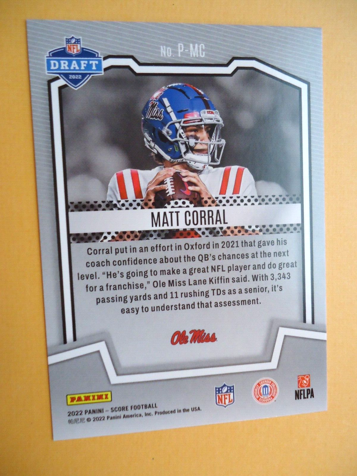 Matt Corral - 2022 Score Protential RC Football card #P-MC - Ole Miss ...